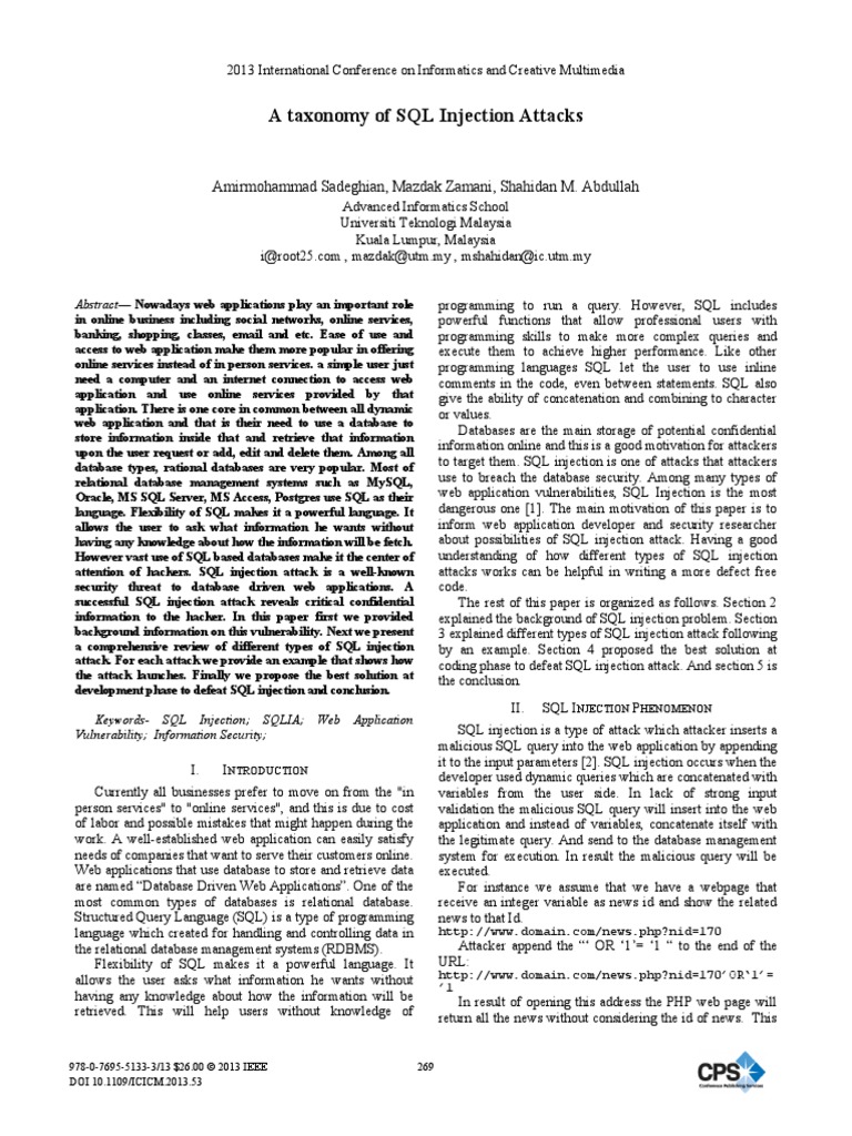 A Taxonomy Of Sql Injection Attacks Pdf Sql Databases 