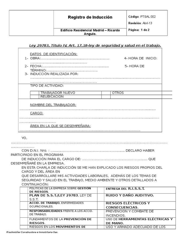 Registro de Inducción Formato de Inducción Modelo | PDF