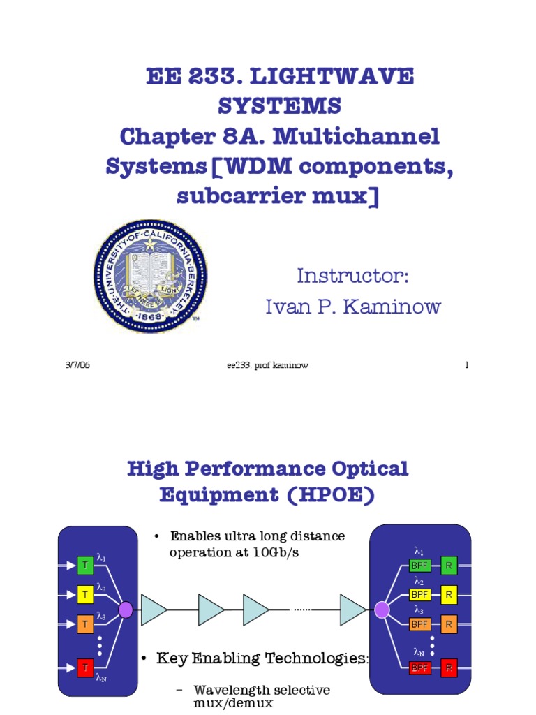 Ee 233. Lightwave Systems Chapter 8A. Multichannel Systems (WDM ...