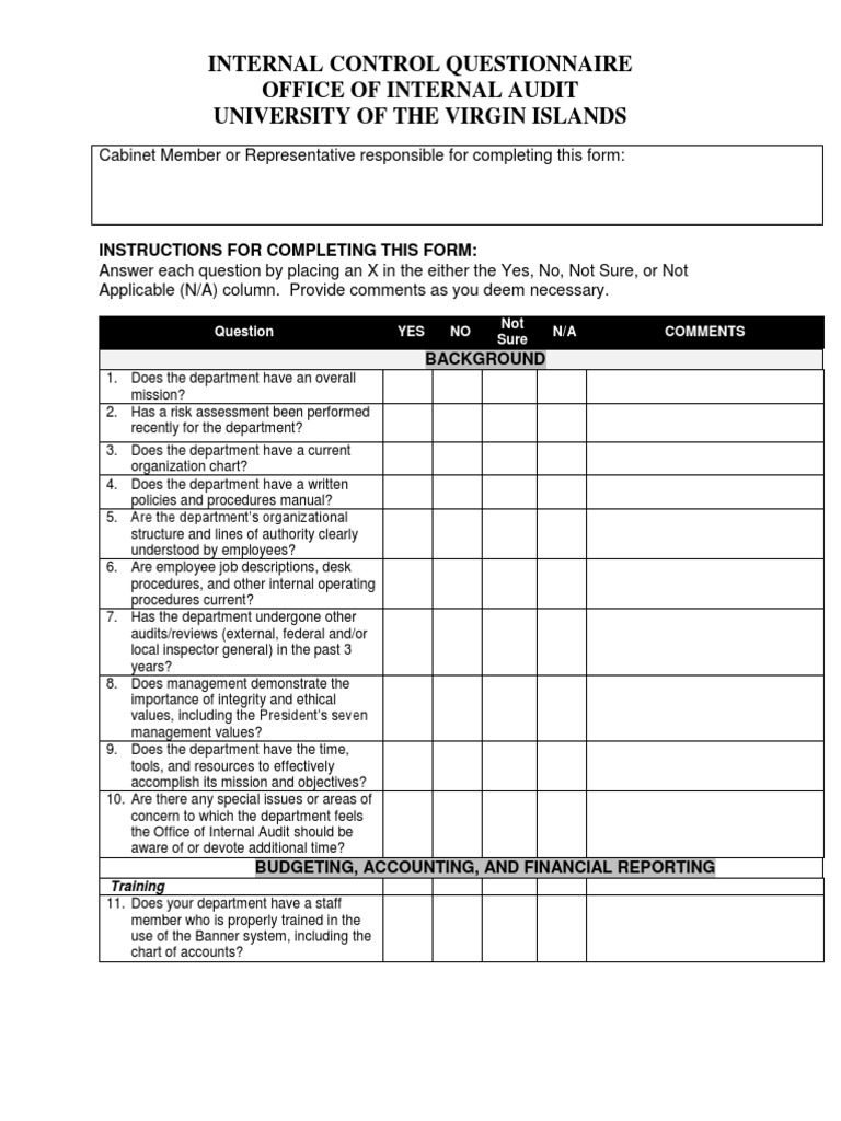 Internal Control Questionnaire 2 Internal Audit Audit
