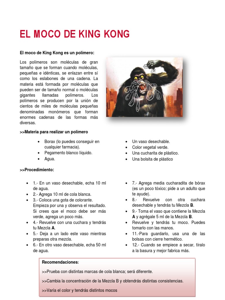 La composición química del moco de King Kong: Un polímero hecho en casa | PDF | El plastico ...
