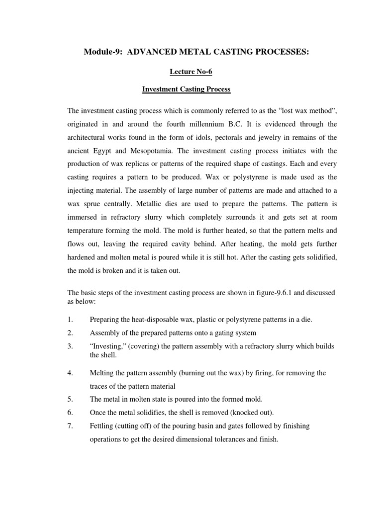 Module-9: Advanced Metal Casting Processes:: Lecture No-6 Investment ...
