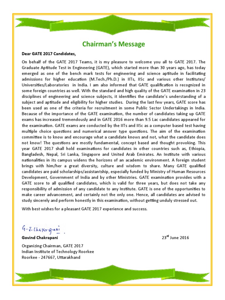 Chairman's Message: Dear GATE 2017 Candidates | PDF