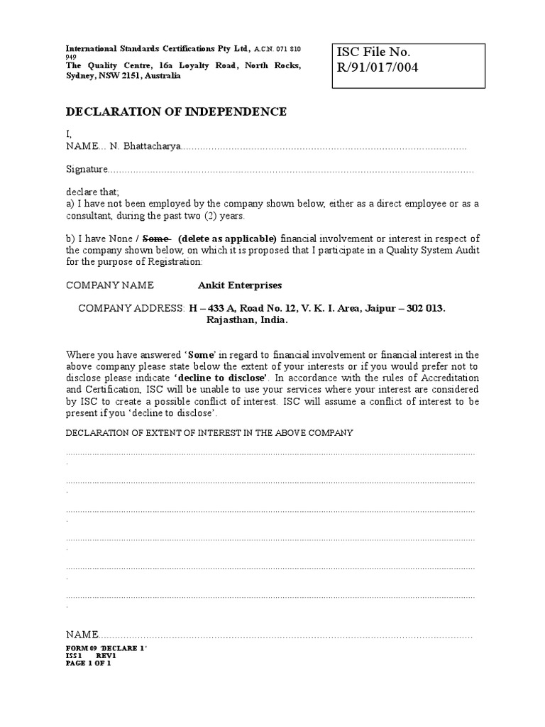 Declaration of Independence: ISC File No. R/91/017/004 | PDF