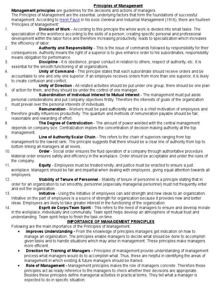 Henri Fayol's 14 Management Principles | PDF | Employment | Behavioural ...