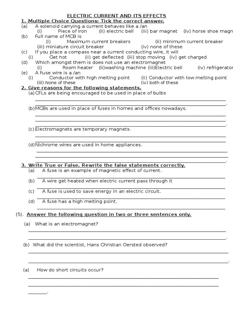 Electric Current and Its Effects 1. Multiple Choice Questions: Tick The ...