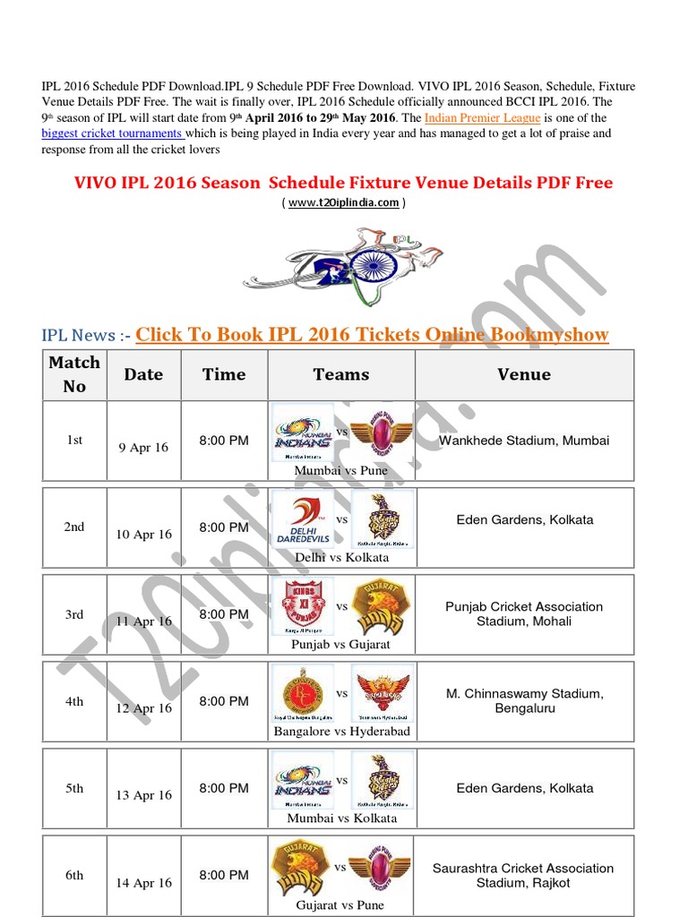 IPL 2016 Schedule PDF Download Free PDF | PDF | Cricket | Cricket ...