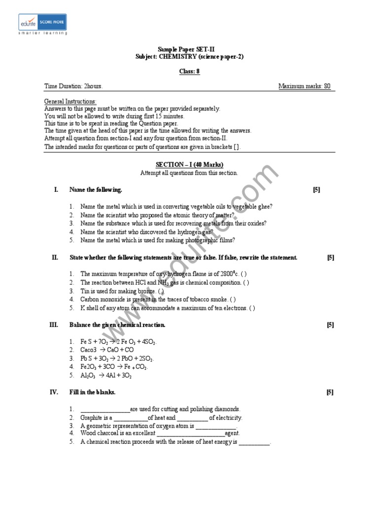 Icse Class 8 Chemistry Sample Paper Set 2 | PDF | Boron | Carbon