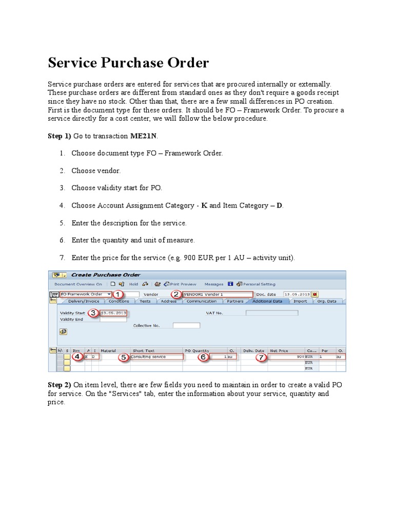Service Purchase Order: Step 1) Go To Transaction ME21N | PDF