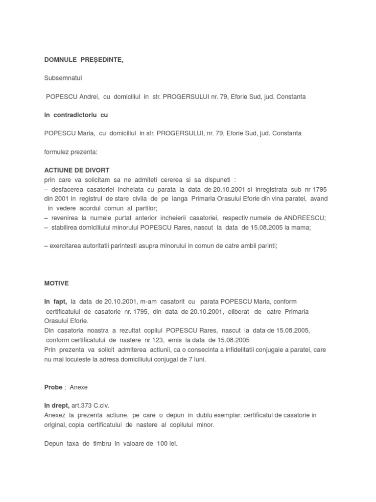 Model Cerere Divort-Cu Minori | PDF