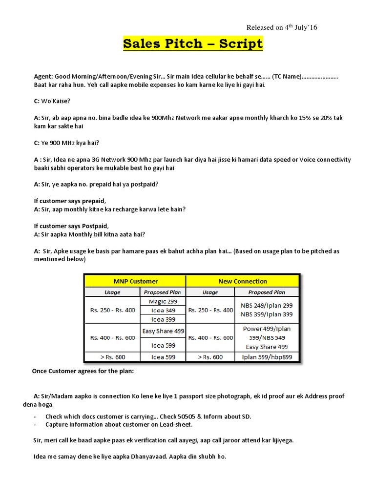 Sales Pitch - Script For TCs | PDF