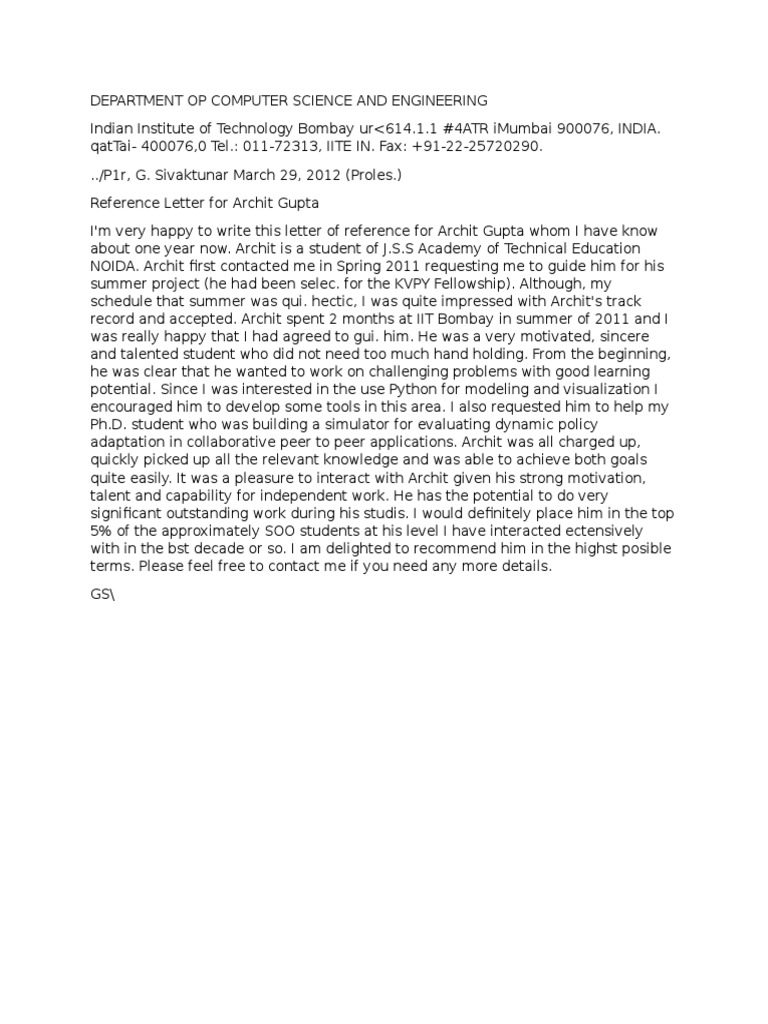 Recommendation Letter Prof G Sivakumar Hod Cfdvs Iit Bombay 1 638 | PDF