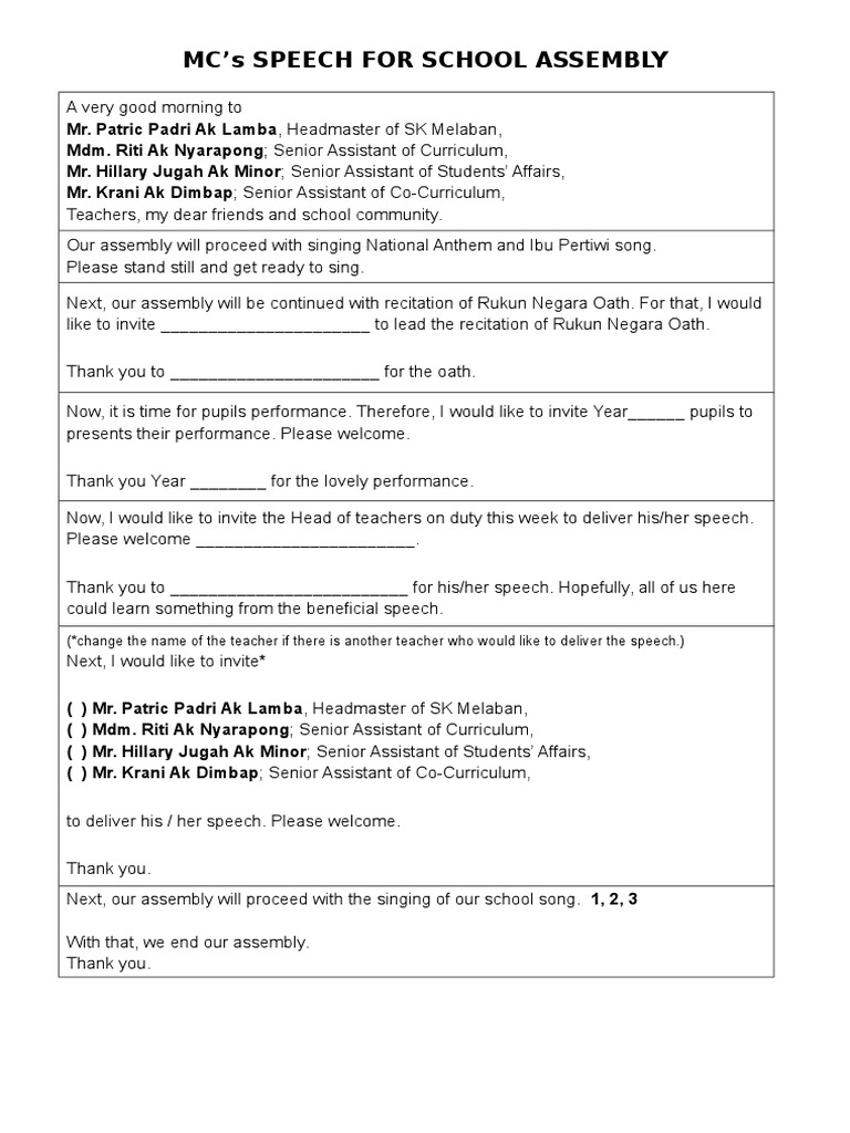 Mc's Speech For School Assembly | PDF | Career & Growth | Language Arts ...