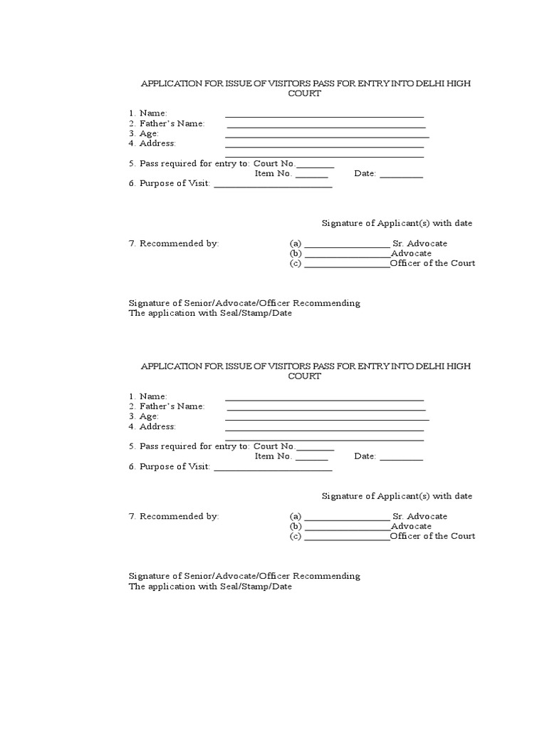 Application For Issue of Visitors Pass For Entry Into Delhi High Court ...