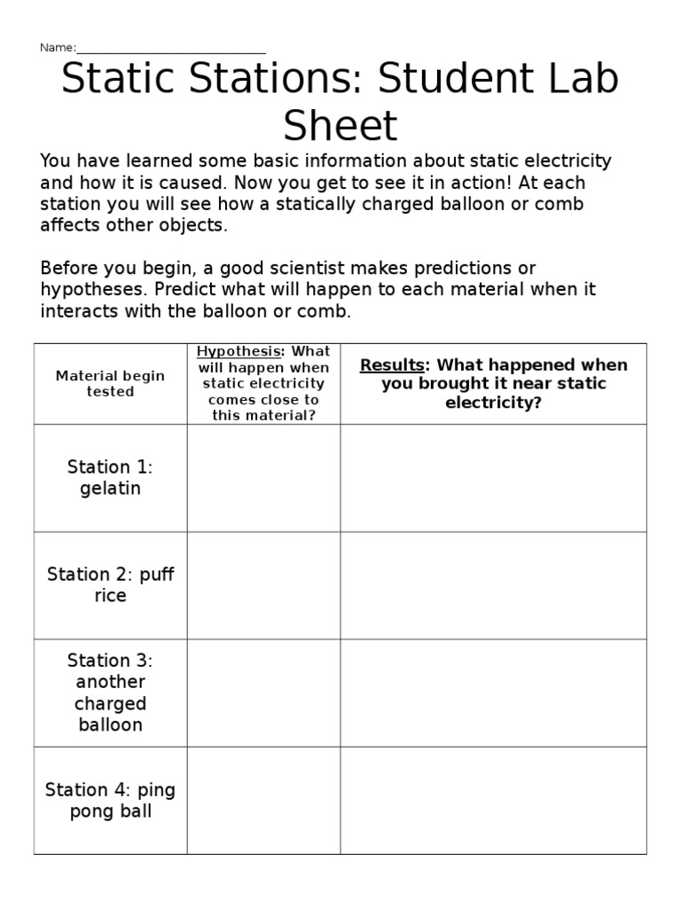 5th Week 1 Static Stations and Student Recording Sheet | PDF | Balloon ...