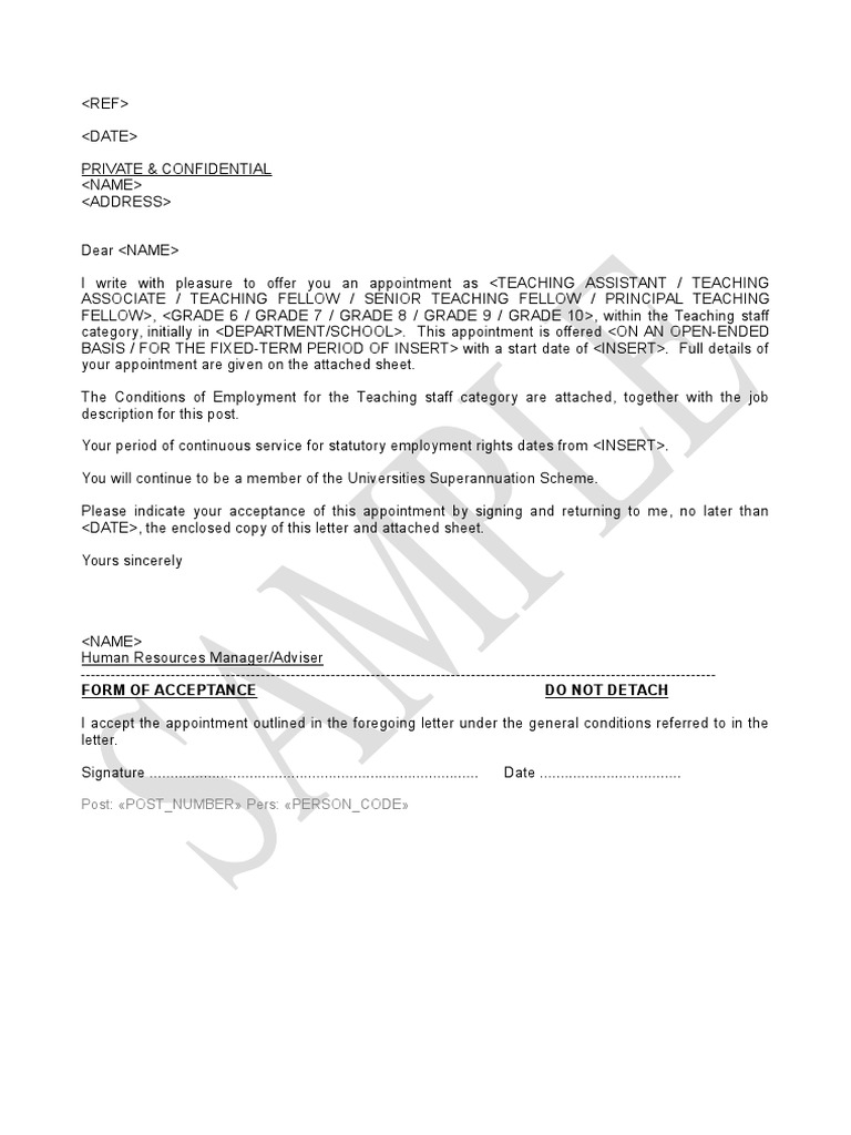 Teaching Staff Contract - Sample Appointment Letter | PDF