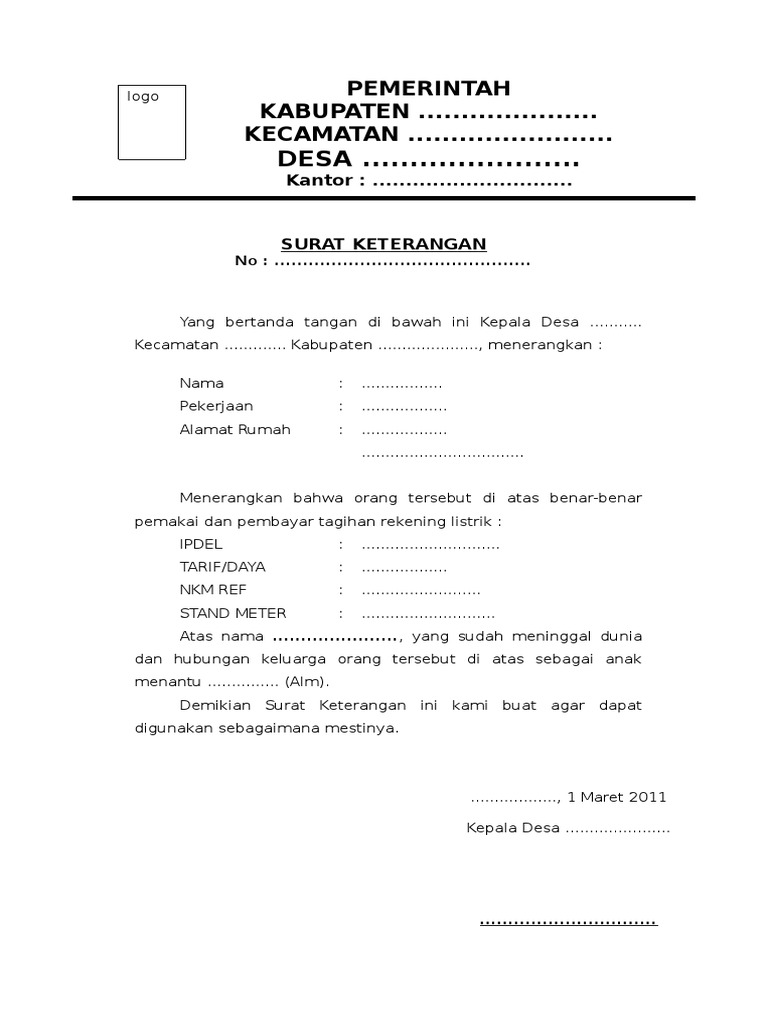 Contoh Surat Keterangan Pembayaran Tagihan Listrik | PDF