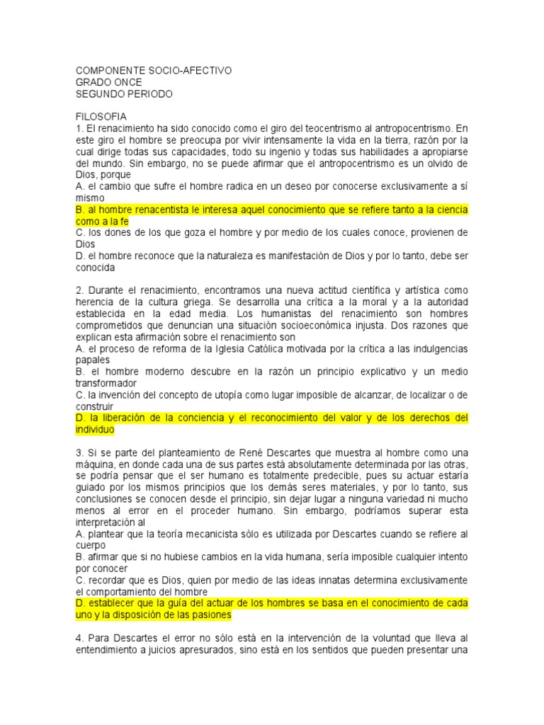 Componente Socio-Afectivo Once Segundo Periodo Respuestas | PDF ...
