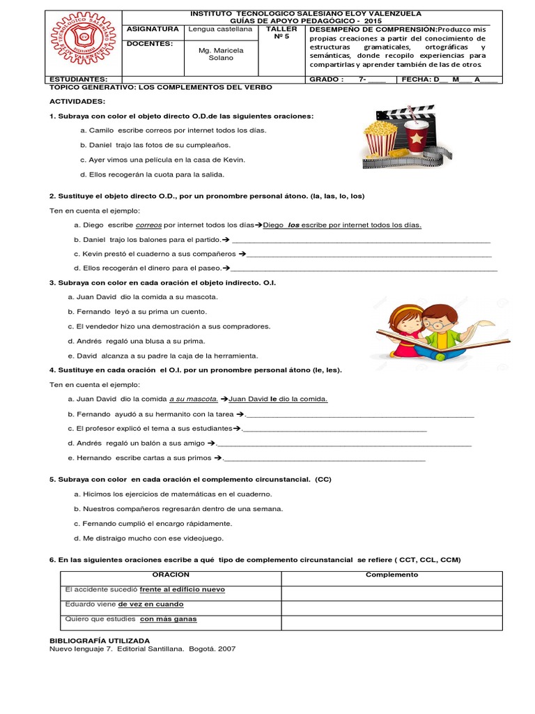Taller No.5 Grado 7° Complementos Del Verbo | PDF