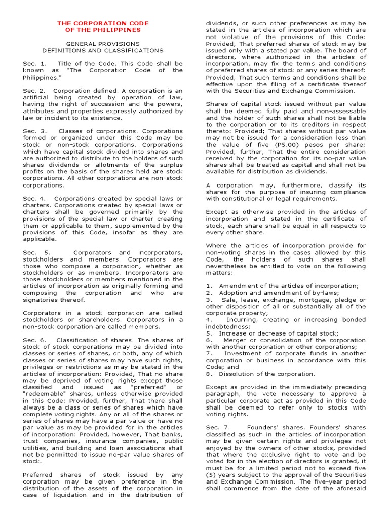Corporation Code | PDF | Corporations | Stocks