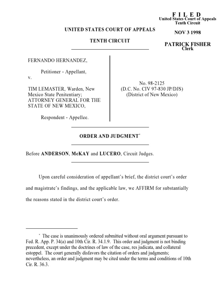 Hernandez v. Lemaster, 166 F.3d 347, 10th Cir. (1998) | PDF