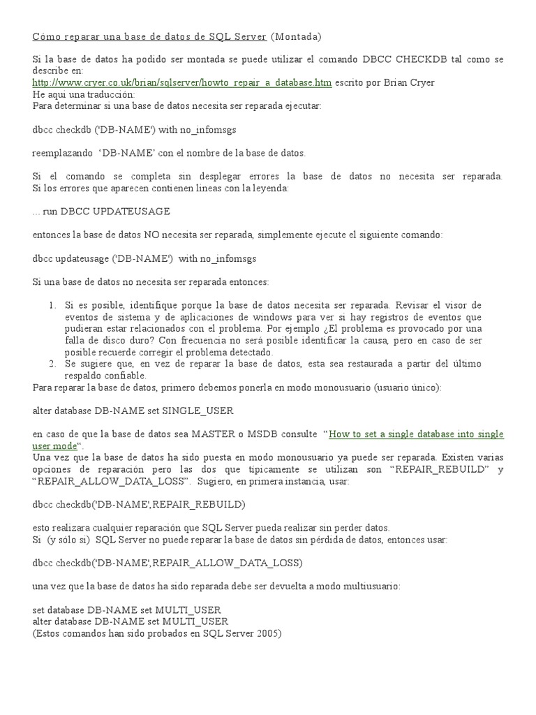 Cómo Reparar Una Base de Datos de SQL Server | PDF | Servidor SQL de ...