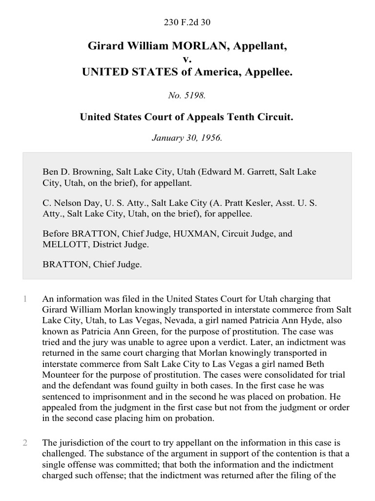 Girard William Morlan v. United States, 230 F.2d 30, 10th Cir. (1956 ...