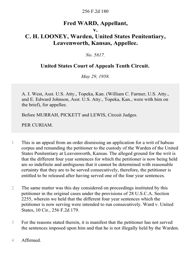 Fred Ward v. C. H. Looney, Warden, United States Penitentiary ...