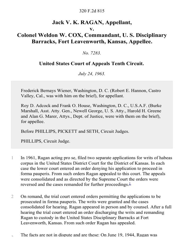 Jack v. K. Ragan v. Colonel Weldon W. Cox, Commandant, U. S ...