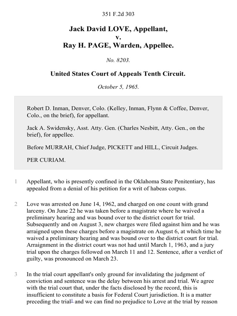 Jack David Love v. Ray H. Page, Warden, 351 F.2d 303, 10th Cir. (1965 ...