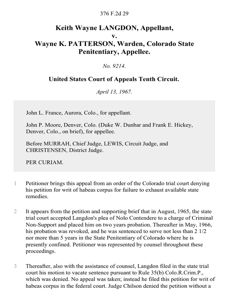 Keith Wayne Langdon v. Wayne K. Patterson, Warden, Colorado State ...