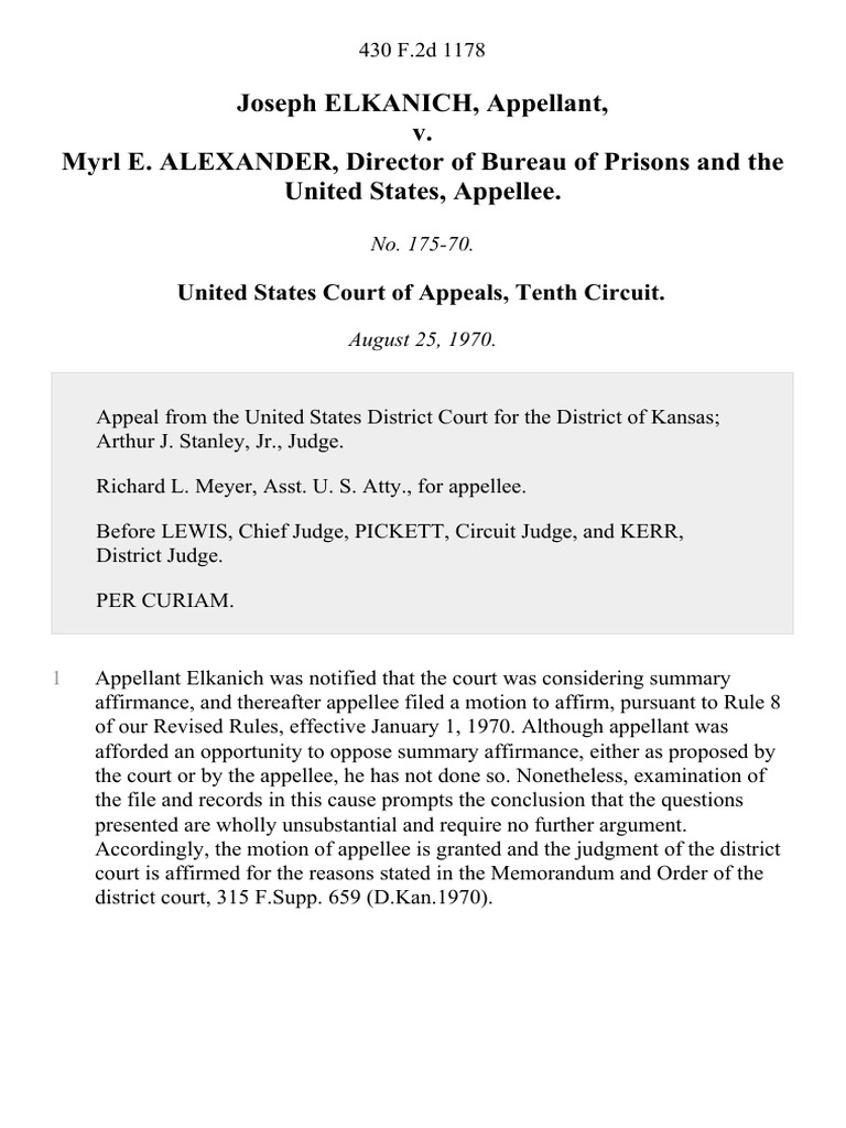Joseph Elkanich v. Myrl E. Alexander, Director of Bureau of Prisons and ...