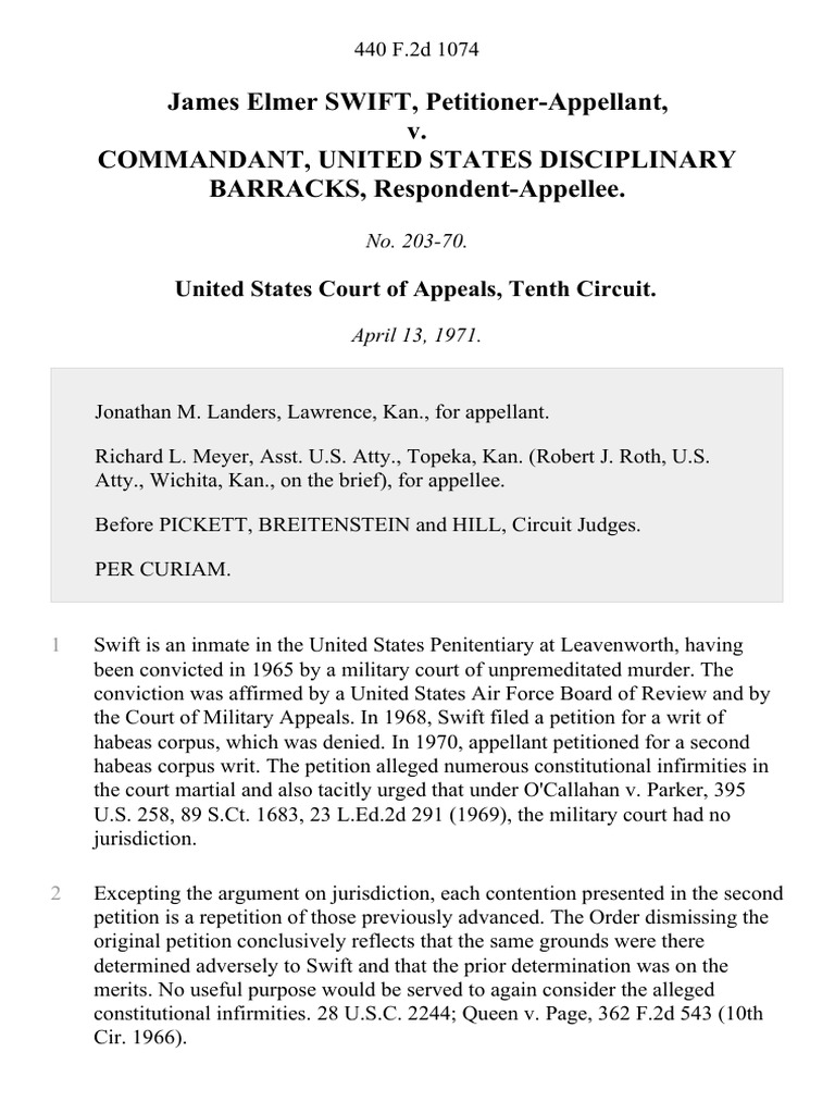 James Elmer Swift v. Commandant, United States Disciplinary Barracks ...