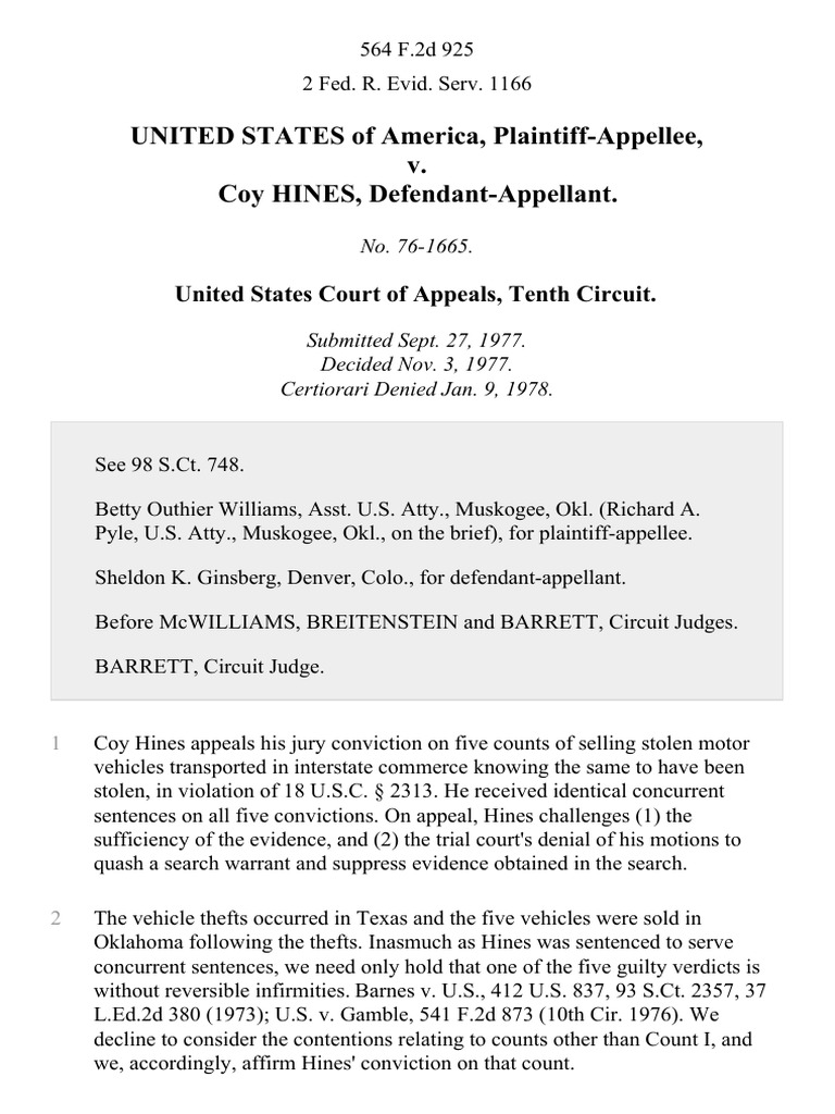 UNITED STATES of America, Plaintiff-Appellee, v. Coy HINES, Defendant ...
