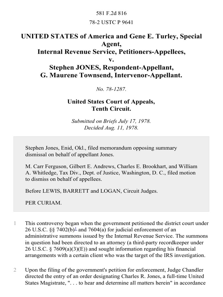 United States of America and Gene E. Turley, Special Agent, Internal ...