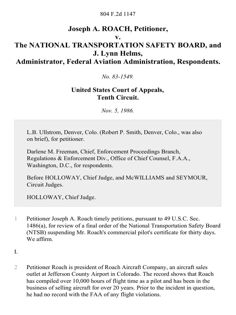 Joseph A. Roach v. The National Transportation Safety Board, and J. Lynn Helms, Administrator ...