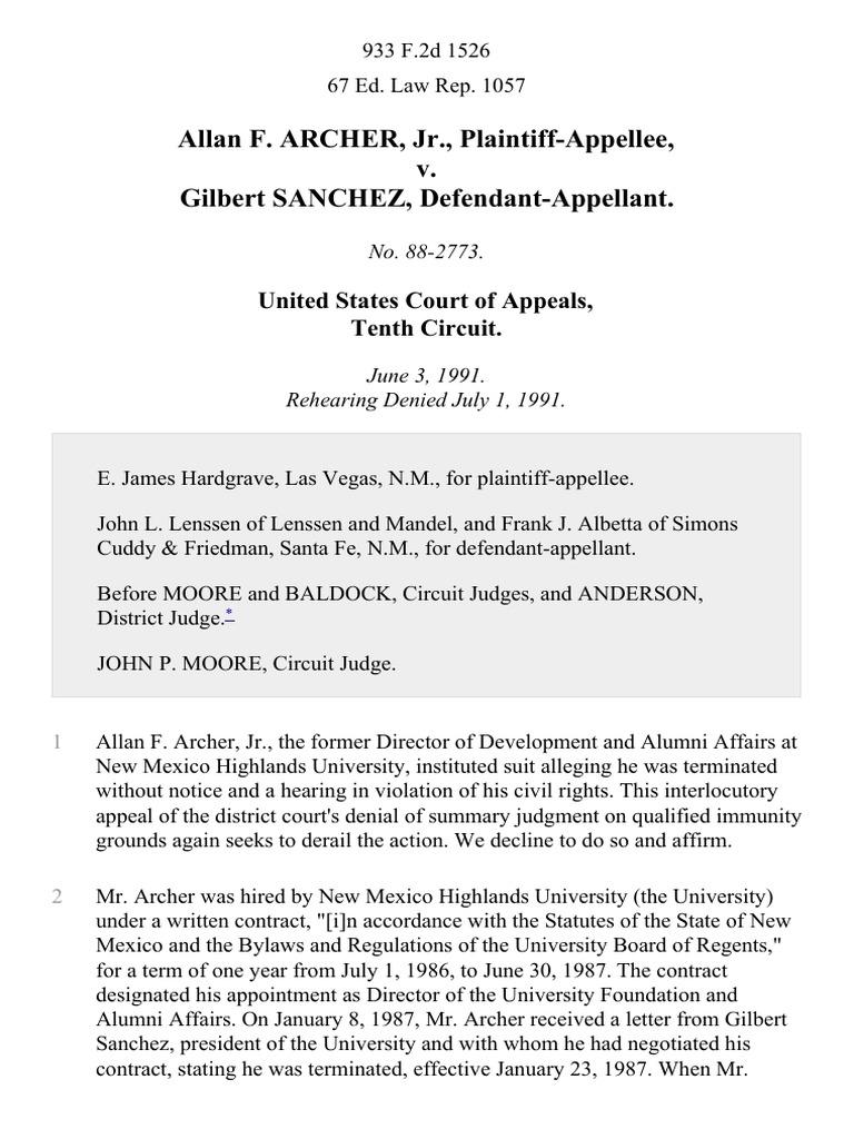 Allan F. Archer, Jr. v. Gilbert Sanchez, 933 F.2d 1526, 10th Cir. (1991 ...