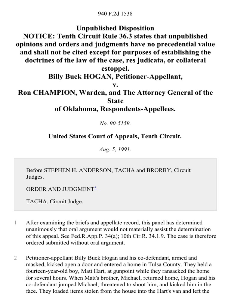 Billy Buck Hogan v. Ron Champion, Warden, and The Attorney General of ...
