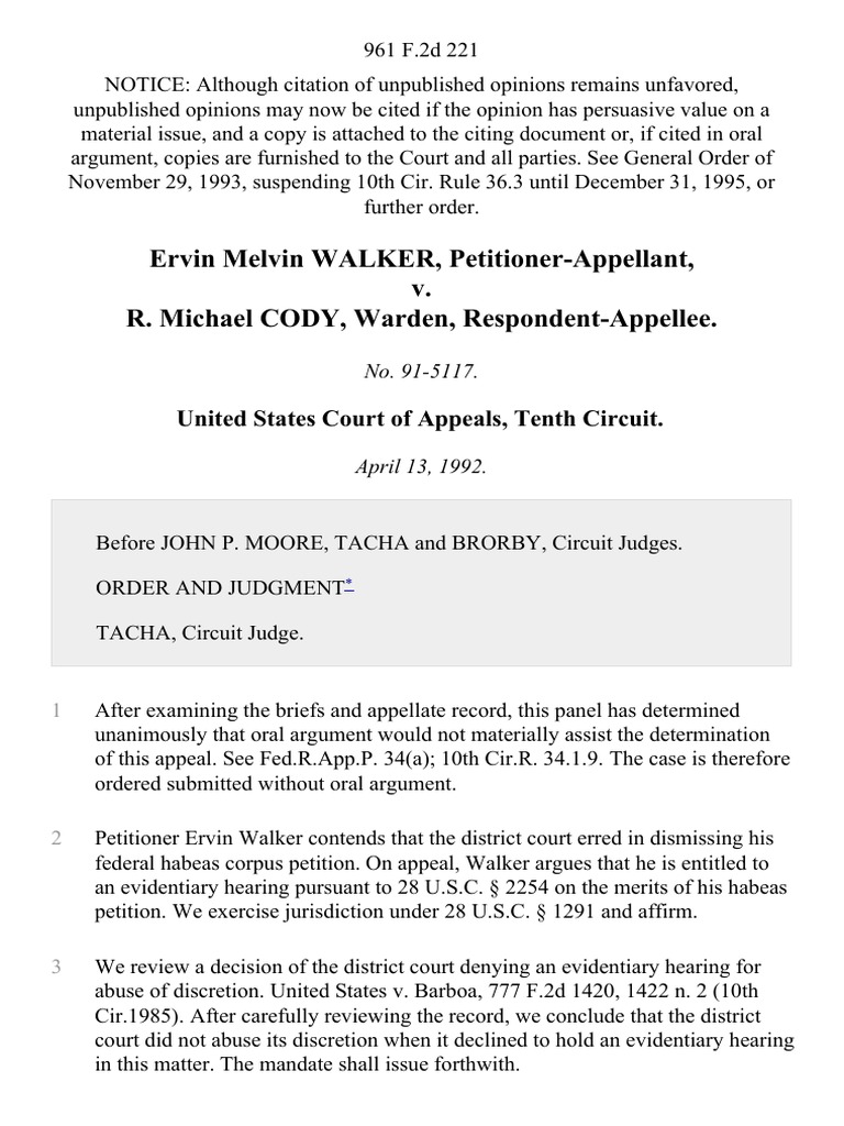 Ervin Melvin Walker v. R. Michael Cody, Warden, 961 F.2d 221, 10th Cir ...