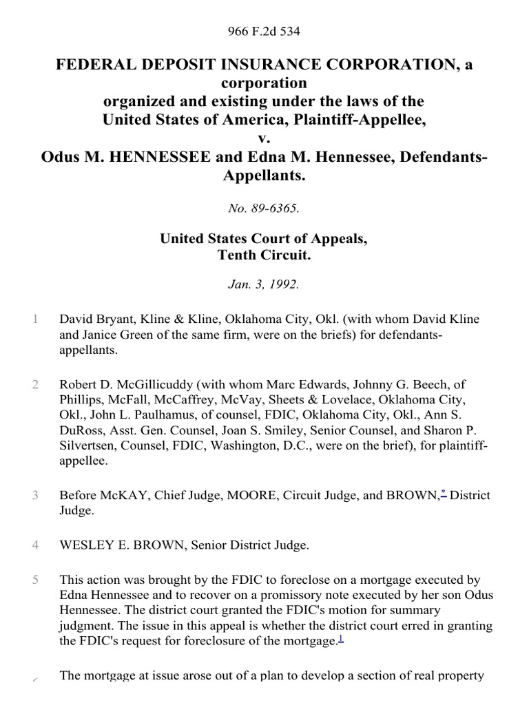 FDIC vs. Hennessee Mortgage Dispute | PDF | Promissory Note | Mortgage Loan