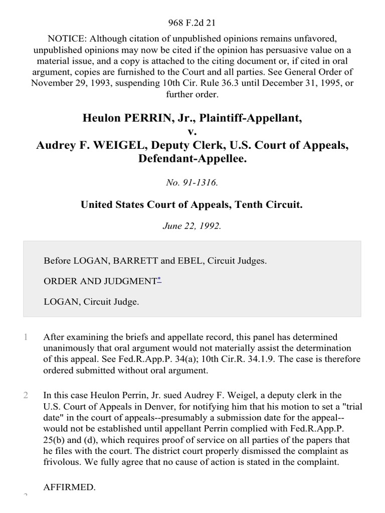 Heulon Perrin, Jr. v. Audrey F. Weigel, Deputy Clerk, U.S. Court of Appeals, 968 F.2d 21, 10th ...