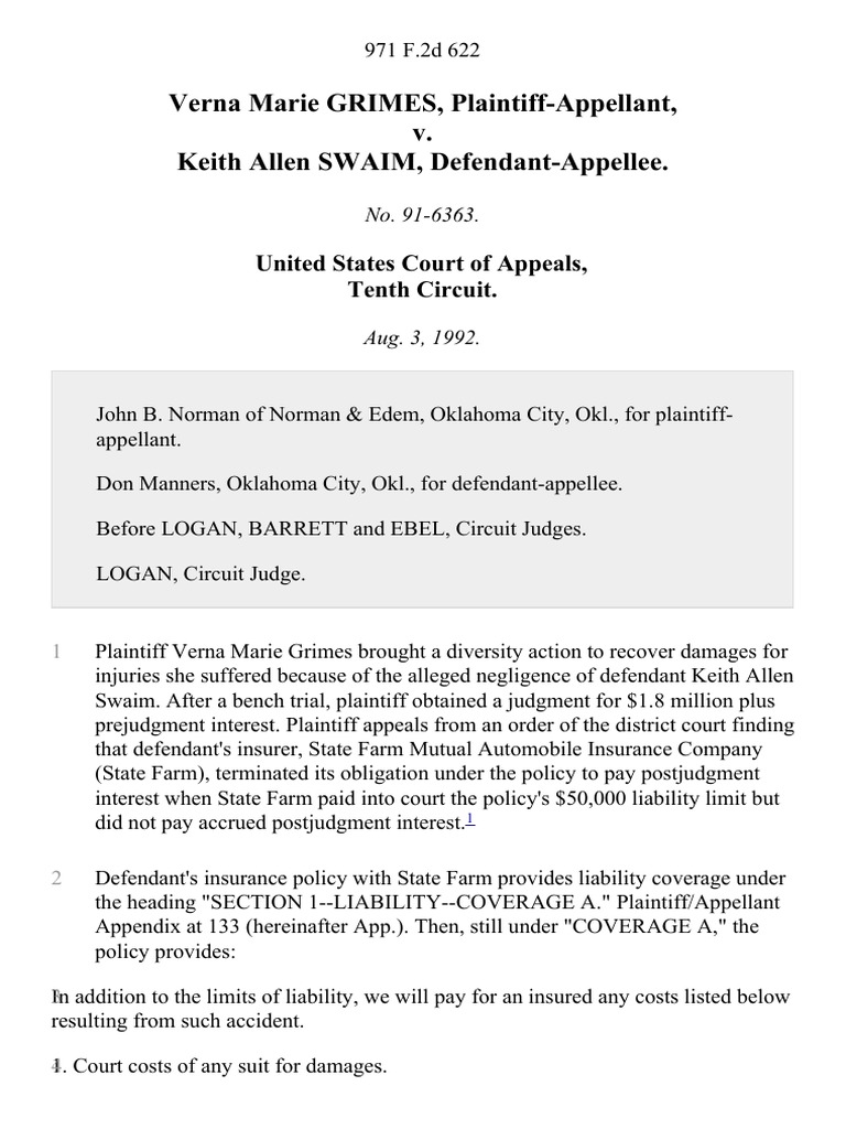 Verna Marie Grimes v. Keith Allen Swaim, 971 F.2d 622, 10th Cir. (1992 ...