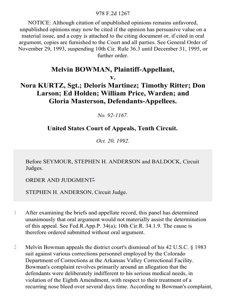 Melvin Bowman v. Nora Kurtz, Sgt. Deloris Martinez Timothy Ritter Don ...
