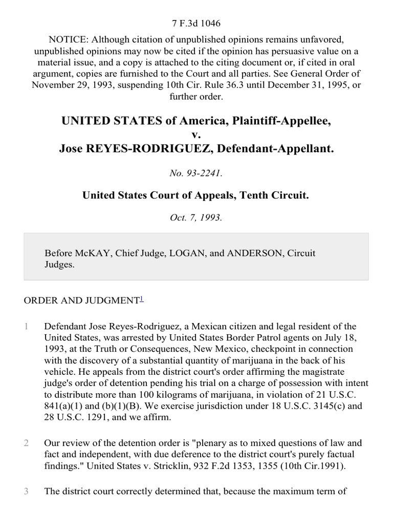 United States v. Jose Reyes-Rodriguez, 7 F.3d 1046, 10th Cir. (1993 ...