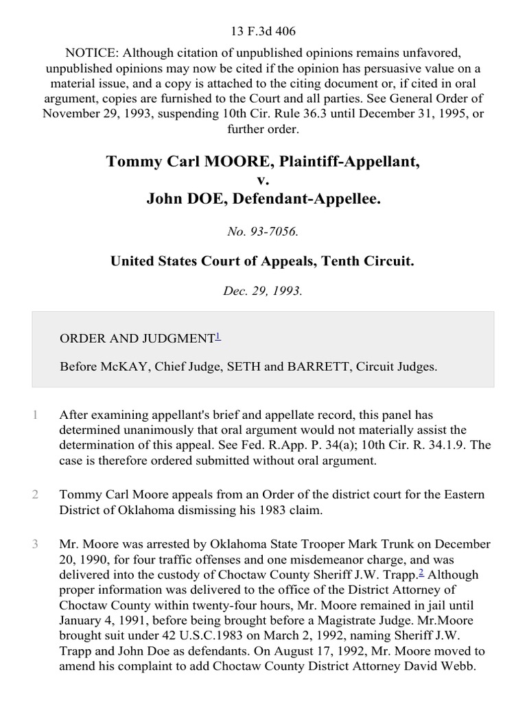 Tommy Carl Moore v. John Doe, 13 F.3d 406, 10th Cir. (1993) | PDF | Pleading | Complaint