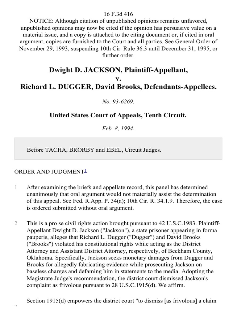 Dwight D. Jackson v. Richard L. Dugger, David Brooks, 16 F.3d 416, 10th ...