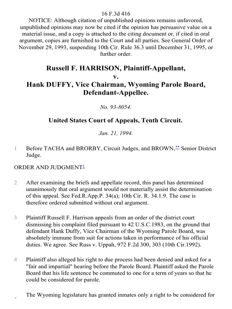 Russell F. Harrison v. Hank Duffy, Vice Chairman, Wyoming Parole Board ...