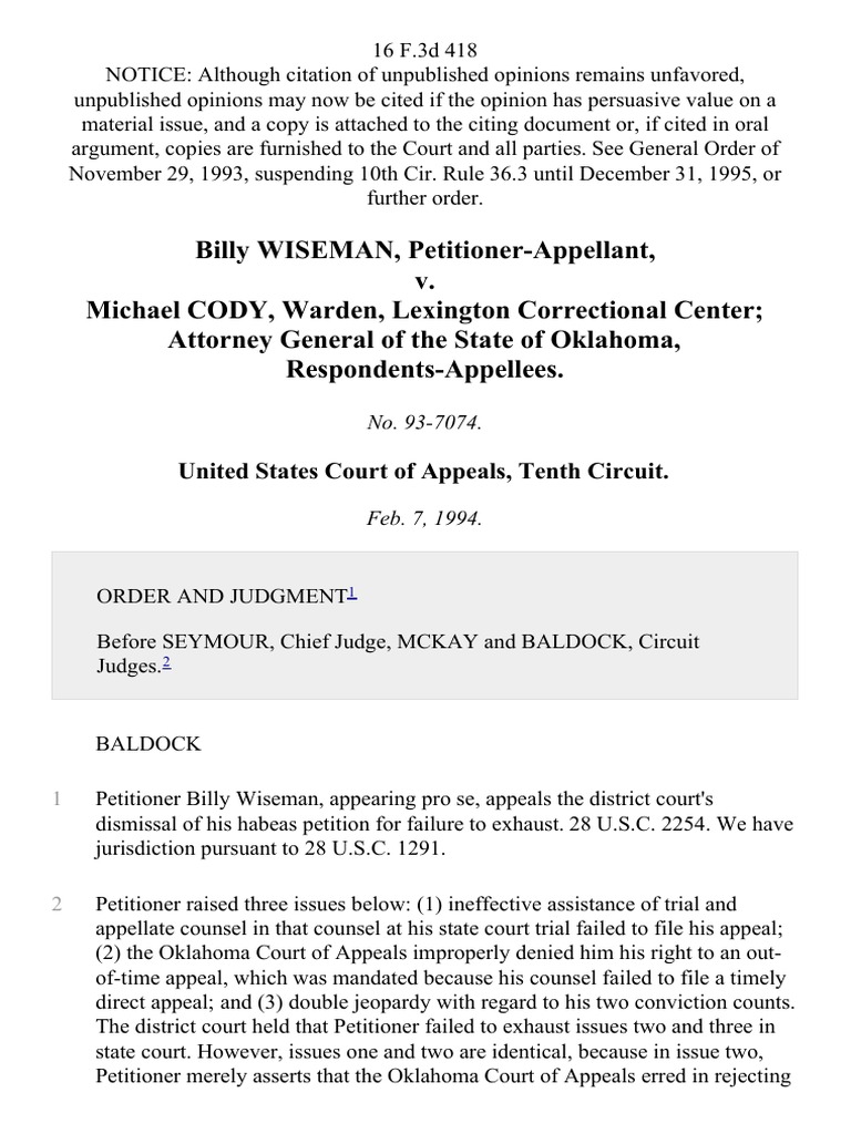 Billy Wiseman v. Michael Cody, Warden, Lexington Correctional Center ...