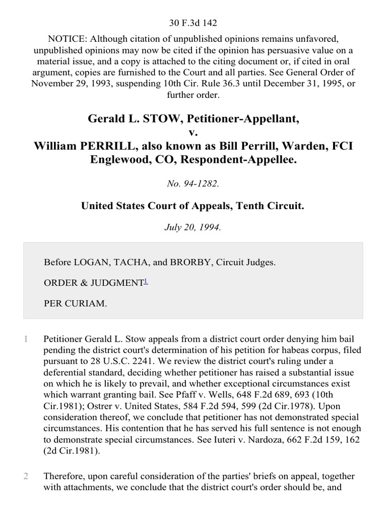 Gerald L. Stow v. William Perrill, Also Known As Bill Perrill, Warden ...