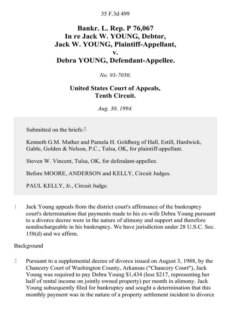 Bankr. L. Rep. P 76,067 in Re Jack W. Young, Debtor, Jack W. Young v. Debra Young, 35 F.3d 499 ...